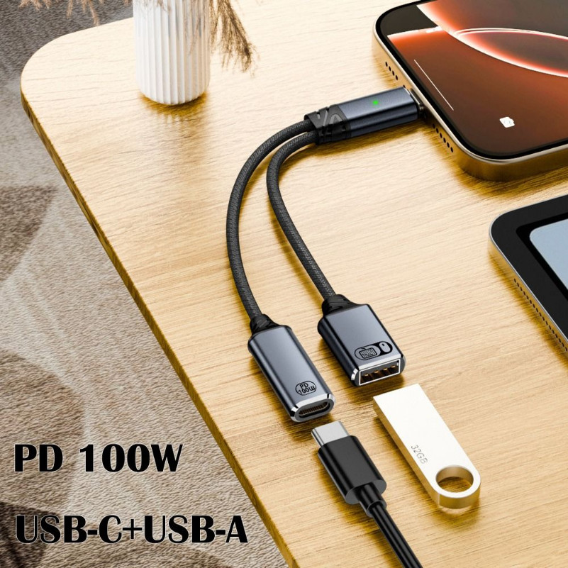 NEW 2 in 1 Type C Splitter PD 100W OTG Function USB Headphone Converter ...