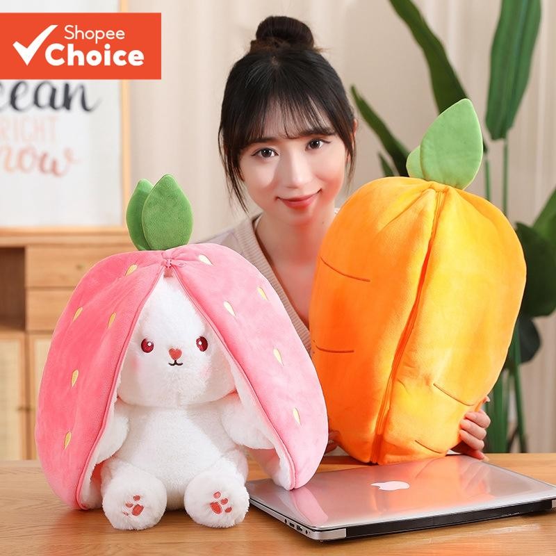 25cm cute Bunny Plush toys Strawberry Rabbit Plushie Pillow 2 in 1 Long ...