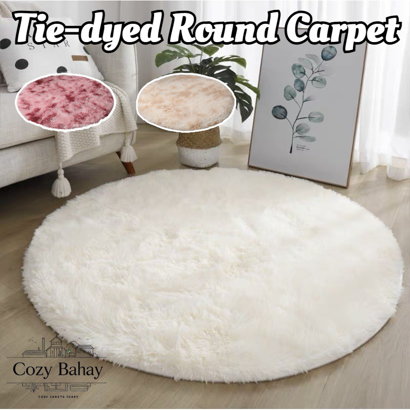 Tie-dyed Round Carpet Solid Color Soft Fluffy Rug Bedroom Mat Non-Slip ...