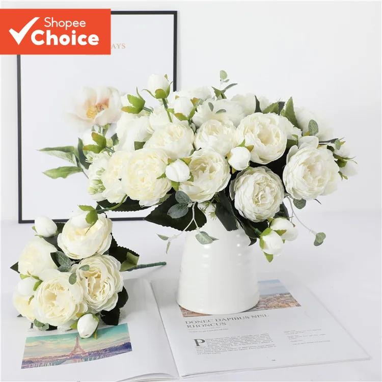 30cm Rose Peony Artificial Flowers Bouquet 5 Big Head and 4 Bud Fake ...