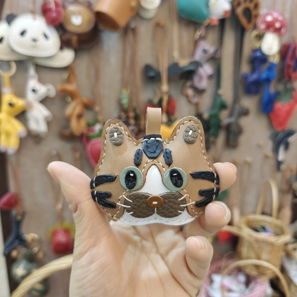 Khaki Cat Bag Pendant Cartoon Hand-sewn Leather Keychain | Shopee ...