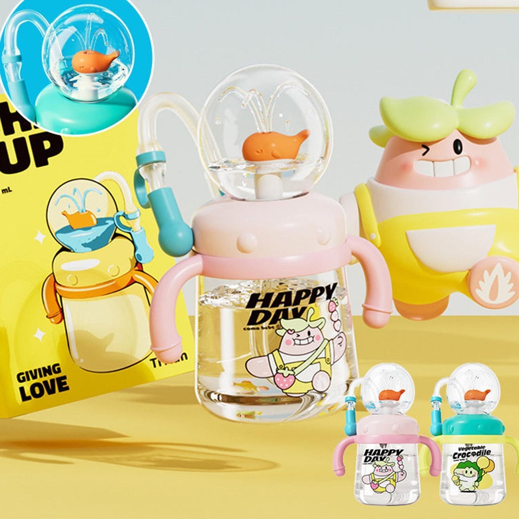 Cartoon Whale Fountain Cup with Soft Flexible Silicone Straw 300ml Leak ...
