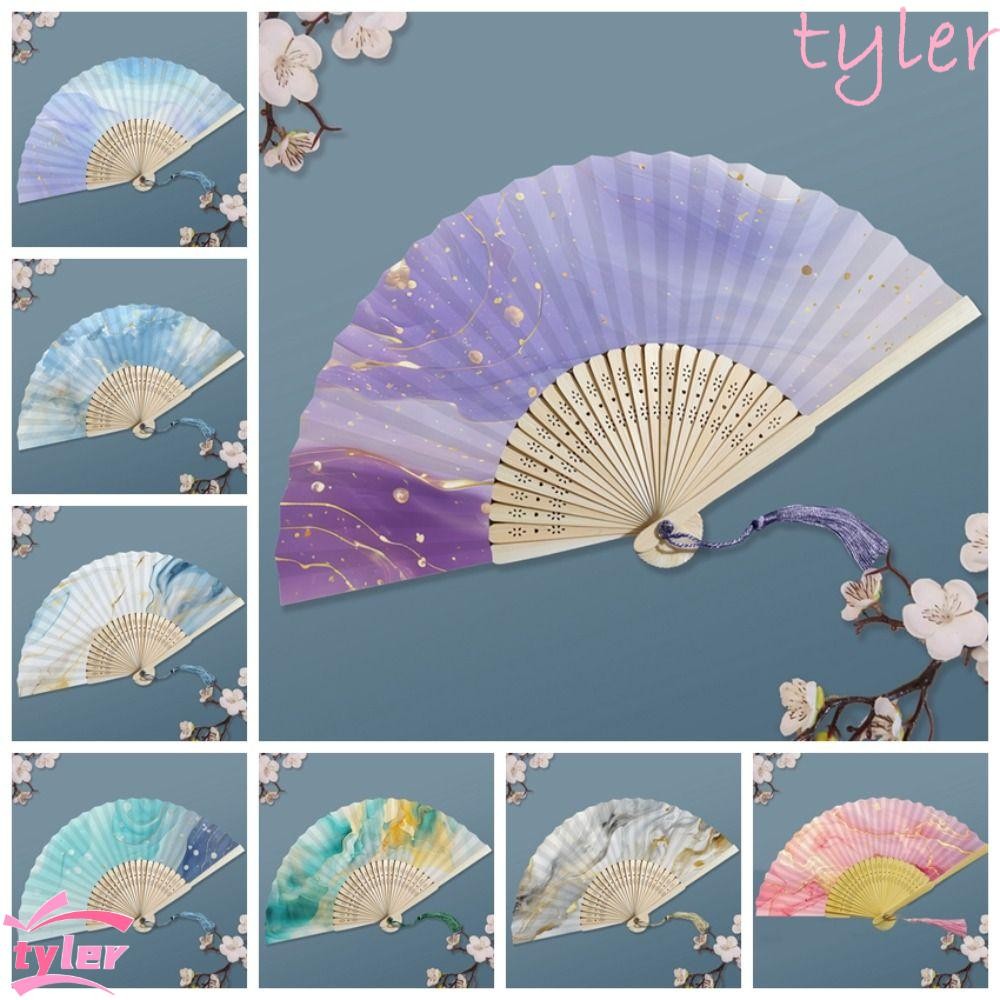 TYLER1 Bamboo Folding Fan, Colorful Tassel Gilding Chinese Fan ...
