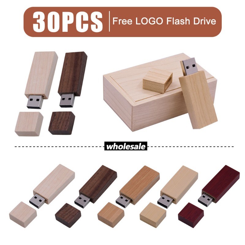 (Free Custom Logo) 30 Pcs usb flash drive original 64gb wooden with box ...