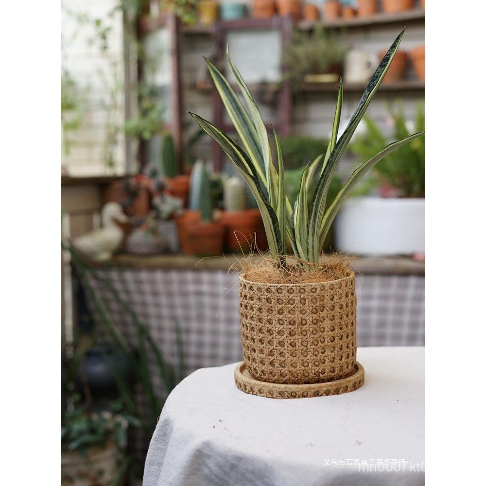 Japanese Style Imitation Woven Flower Pot Vintage Wood Style Straw ...