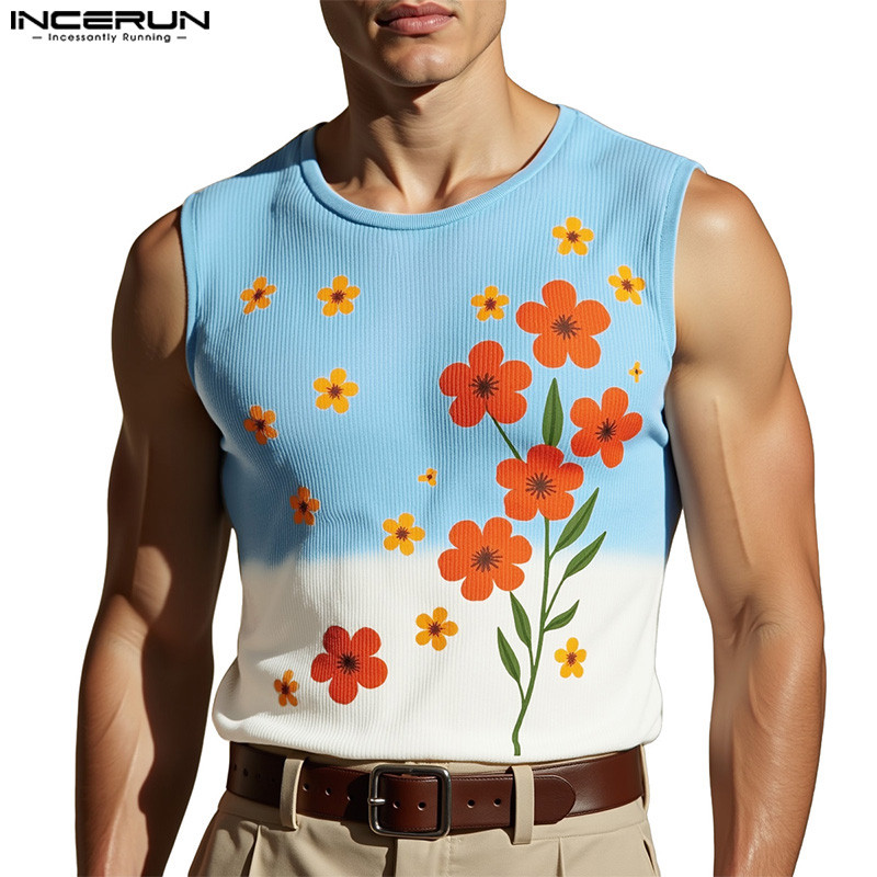 INCERUN Men Korean Holiday Casual Round Neck Floral Printed Contrast ...