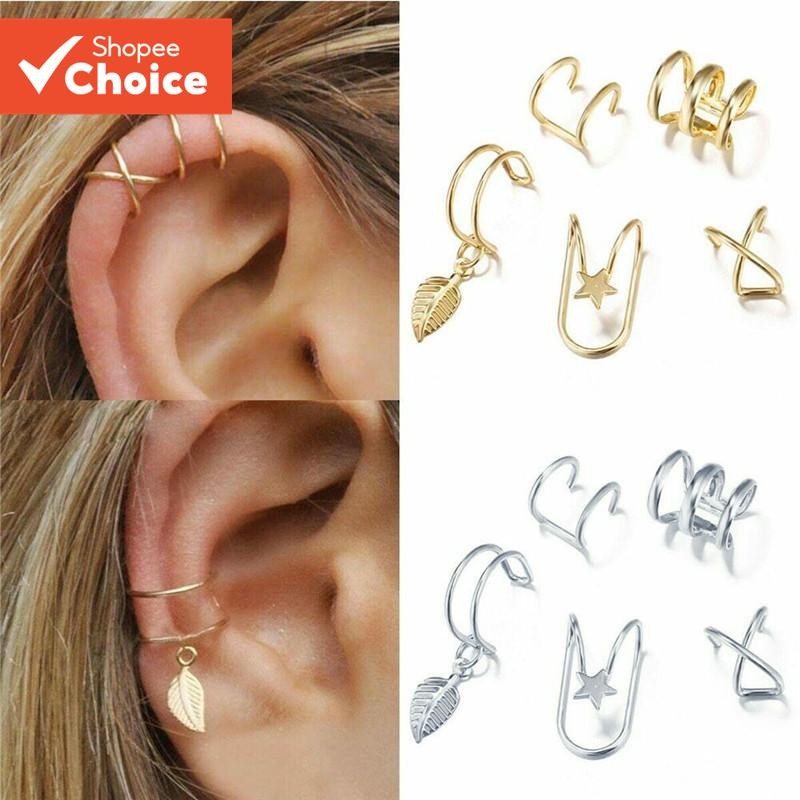 5Pcs Creative Leaf Design Ear Cuffs Set Double Layer Non-Piercing Cartilage Earrings | Shopee ...