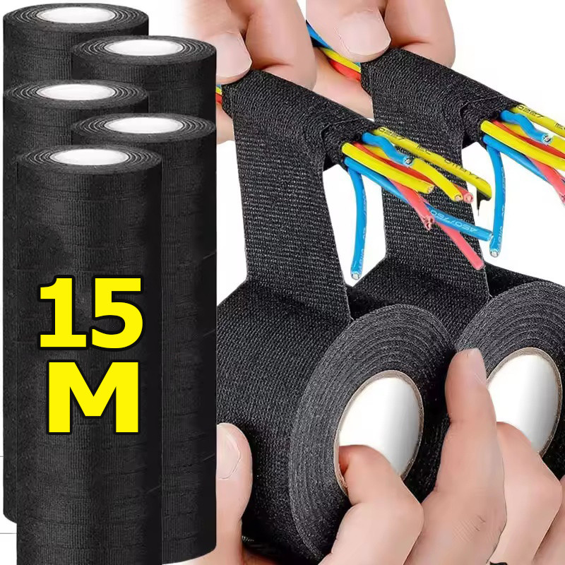 15m Black Electrical Fabric Tape - Heat Resistant Insulation Auto ...