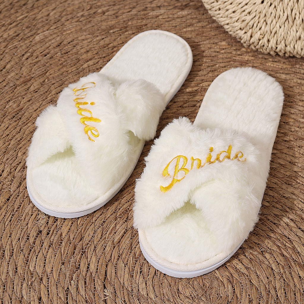High Quality Bride Slippers Furry Embroidered Rabbit Fur Cross Slippers ...