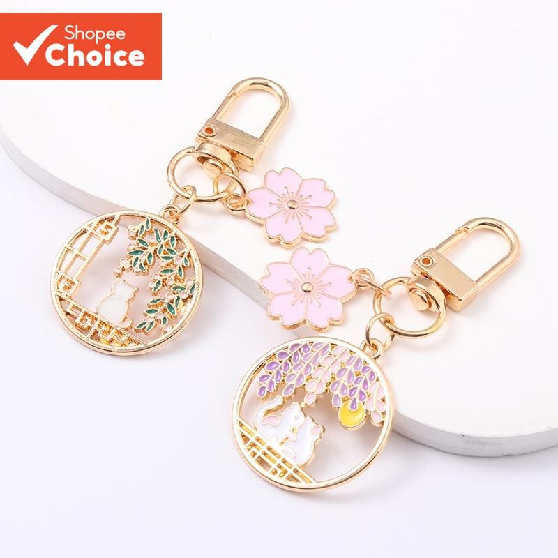 Cherry Blossom Hollow Cat Drip Oil Keychain Sweet and Romantic Style ...