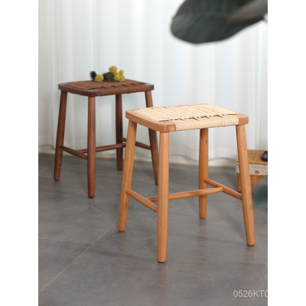 Home Bar Stool Cherry Wood Melt Dressing Stool Woven Rope Japanese Style Island Nordic Bar Chair ...