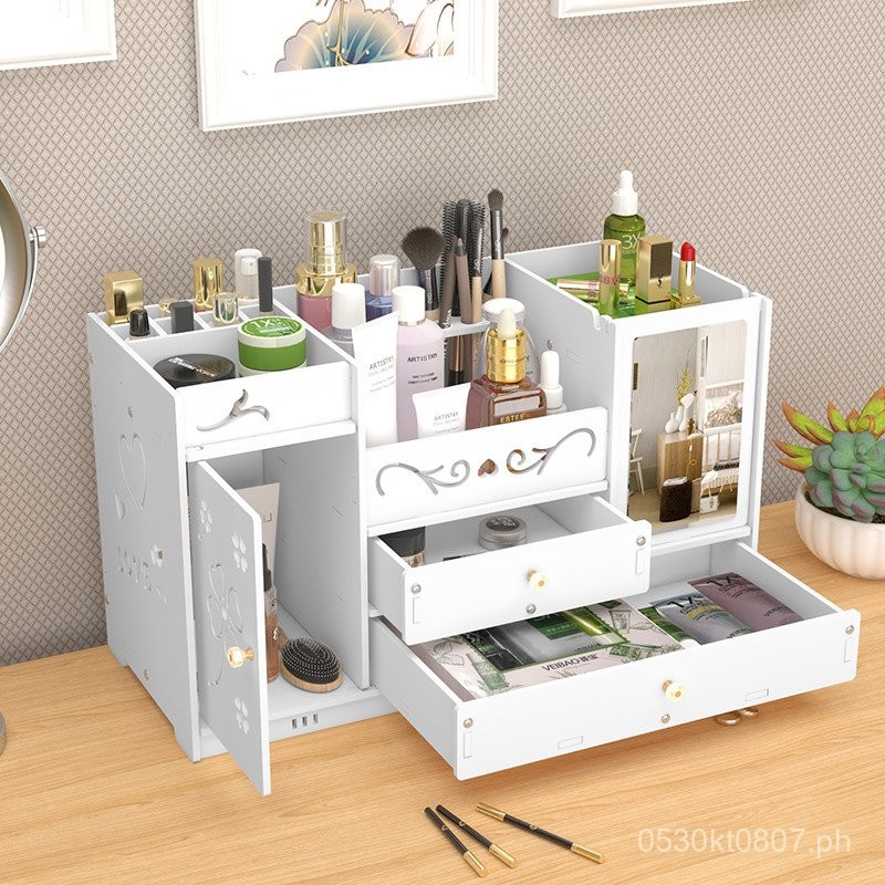 Cosmetic Desktop Organizer with Mirror Large Capacity Dressing Table ...