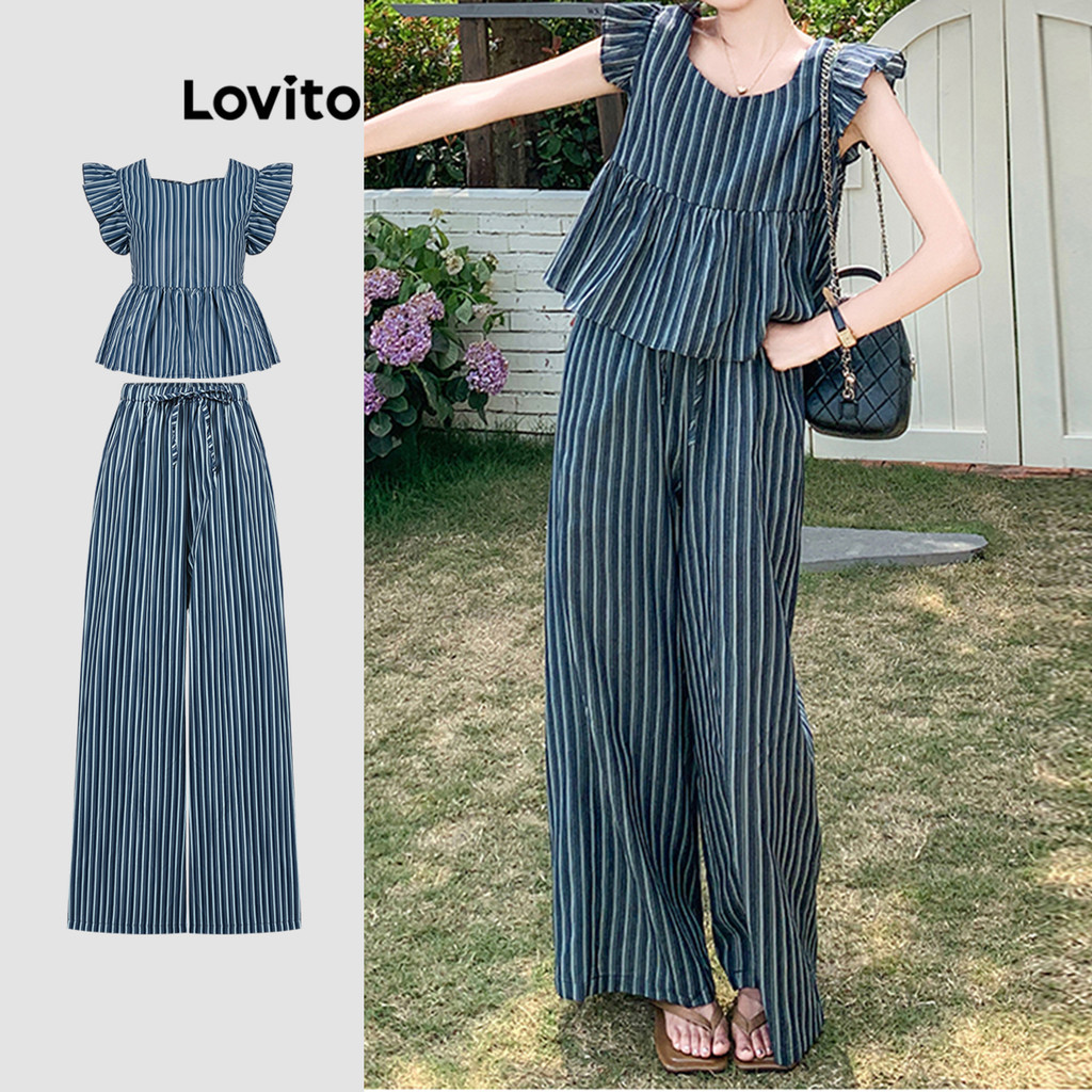 Lovito Casual Summer/Spring Pants Sets Striped Ruffle Hem Lace Up Tops ...