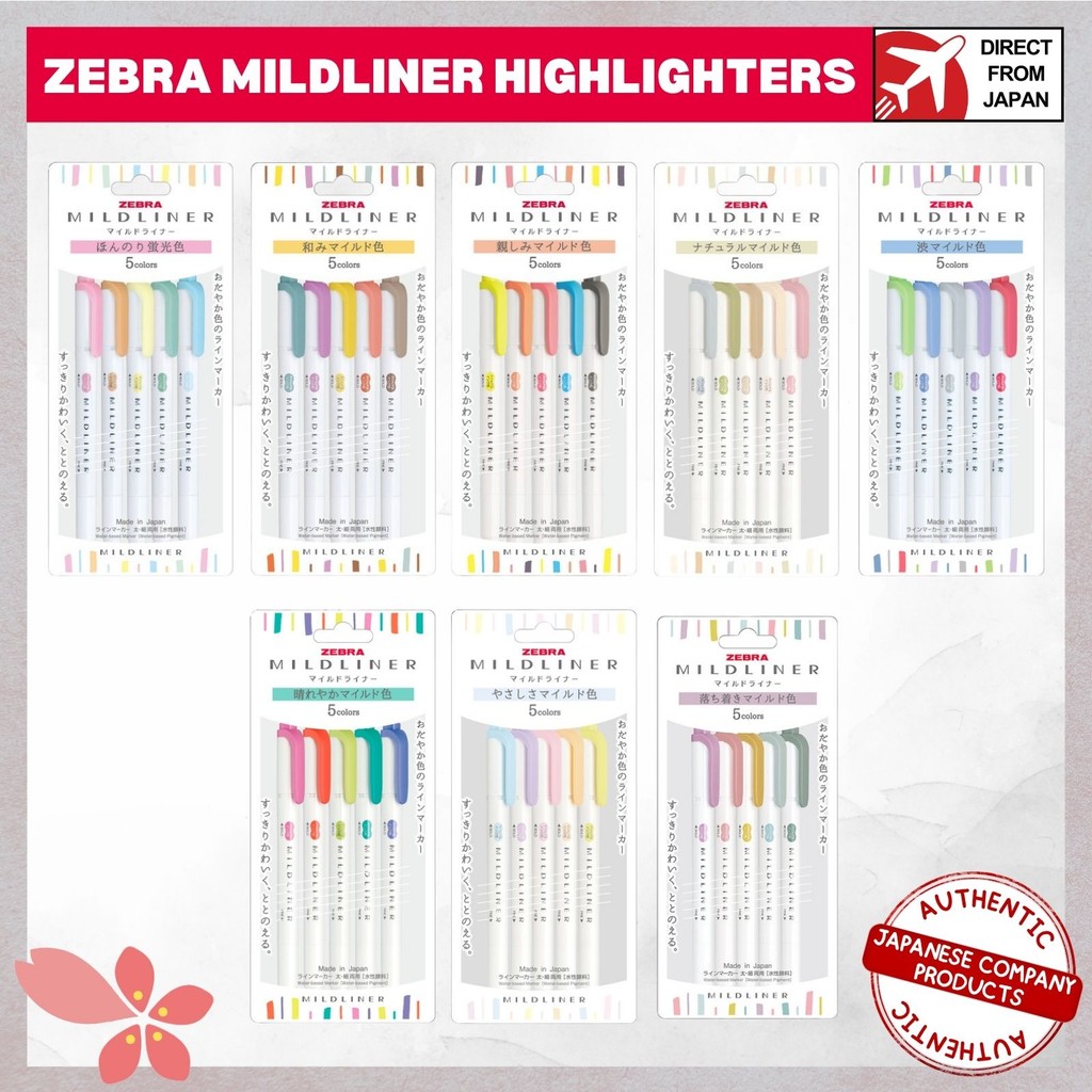 ZEBRA Mildliner Highlighters – 5-Color Set × 8 Variations | Soft Color ...