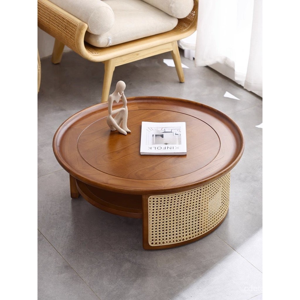 Nordic Style Round Rattan Woven Coffee Table Japanese Style Solid Wood ...