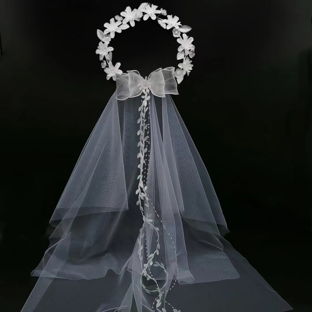 White Bridal Garland with Veil, Bow Rattan Pearl Garland Veil Tiara ...