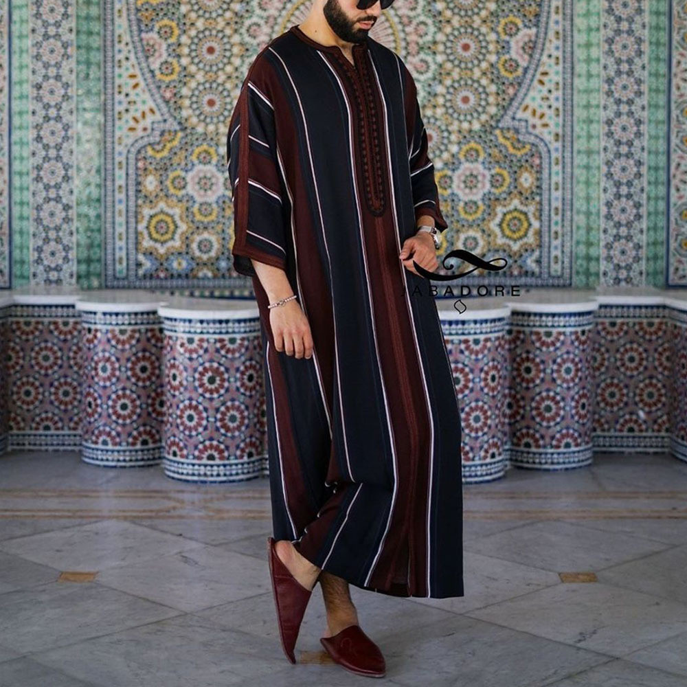 RUN V-Neck Muslim Mens Long Sleeve Thobe Middle East Saudi Arab Kaftan ...