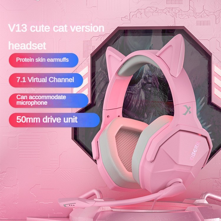 XIBERIA Pink Cute Cat Headset Over-Ear Gaming Headphones for Women 7.1 ...