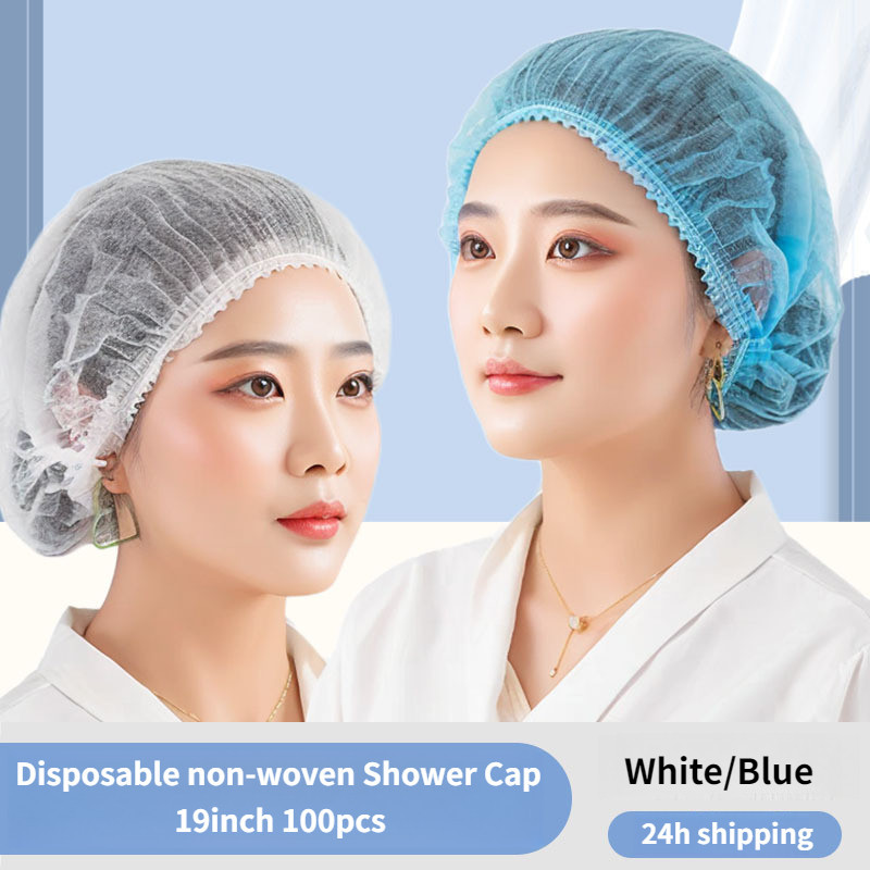100Pcs Blue/White Shower Cap Disposable Head Cap Medical Non Woven Cap ...