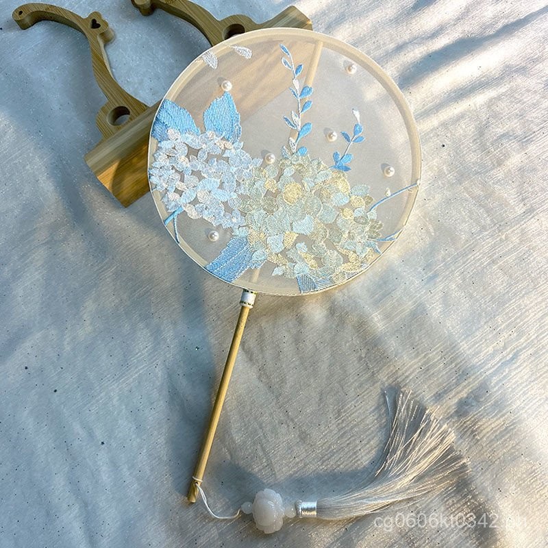 Round Fan Summer Dance Hanfu Double-Sided Fan Long Handle Tassel Round ...