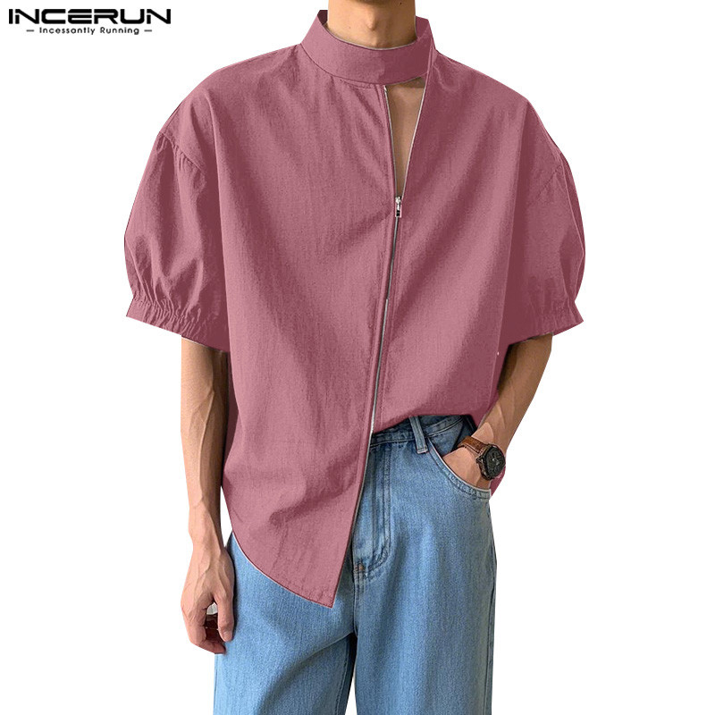 INCERUN Men Korean Niche Design Half-High Neck Puff Sleeve Zipper ...