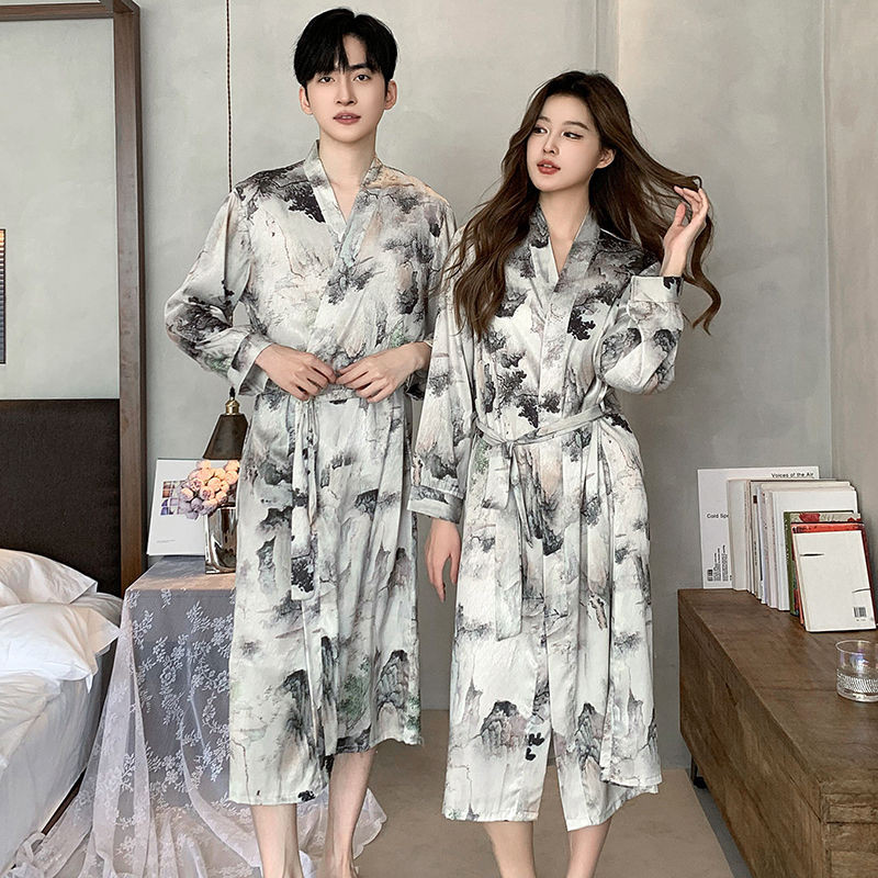 Retro Country Couple Pajamas Spring Autumn Male New Jacquard Ice Silk Nightgown Loungewear Set ...