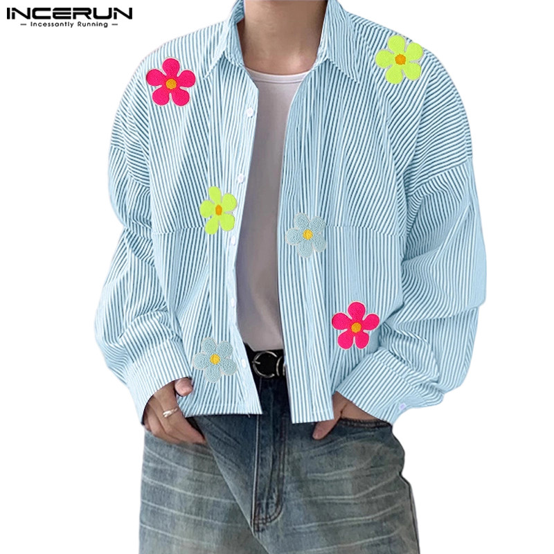 INCERUN Men Korean Street Stylish Turn-Down-Collar 3D Floral Decorate ...