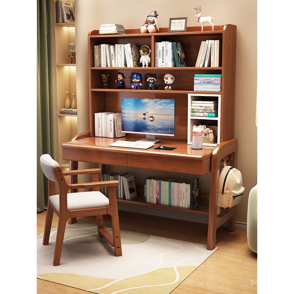 Solid Wood Home Desk with Bookshelf, Integrated Bedroom Computer Desk ...