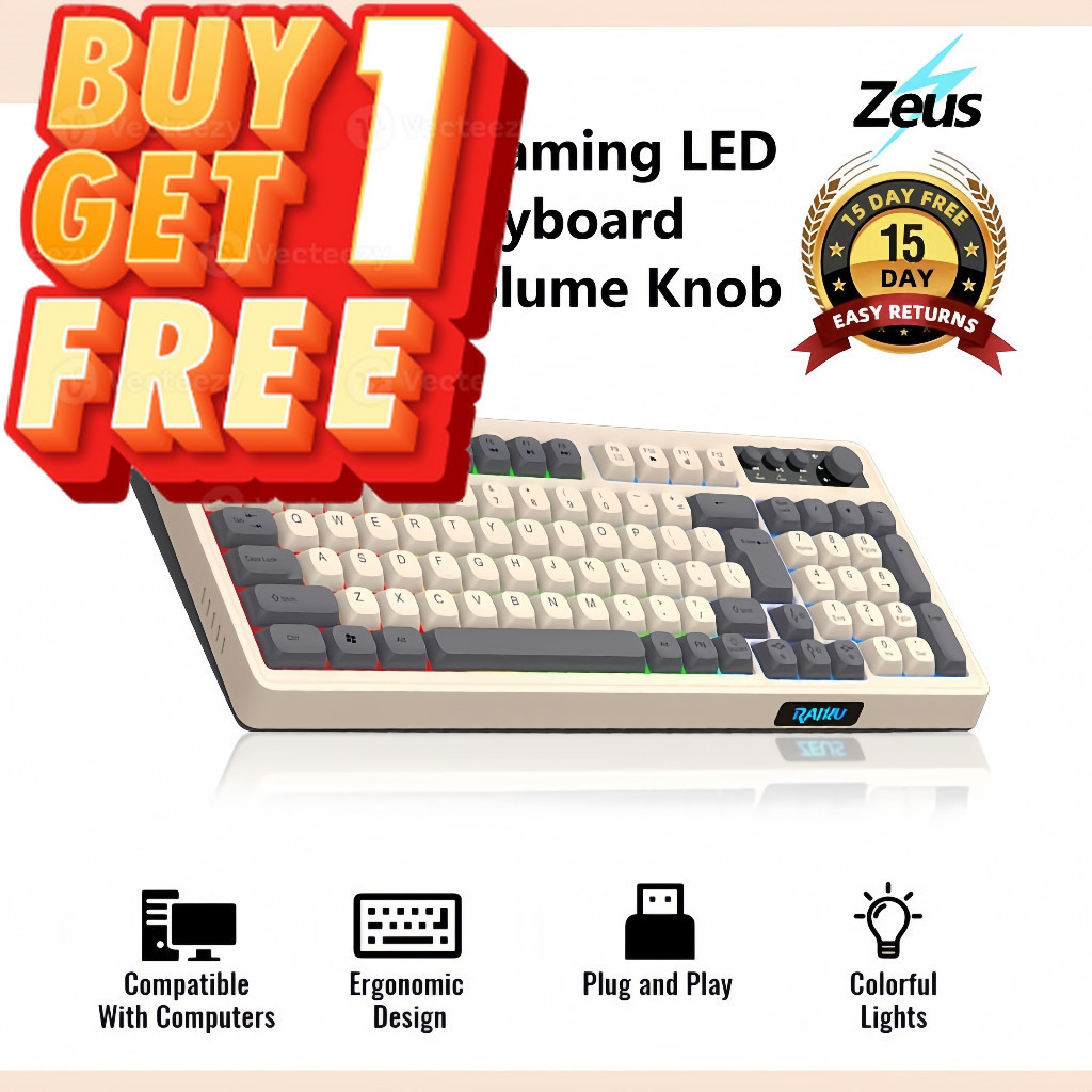 Zeus x Raiku Wired Rainbow LED Ligh Gaming Keyboard 98 Keys Silent Keys ...