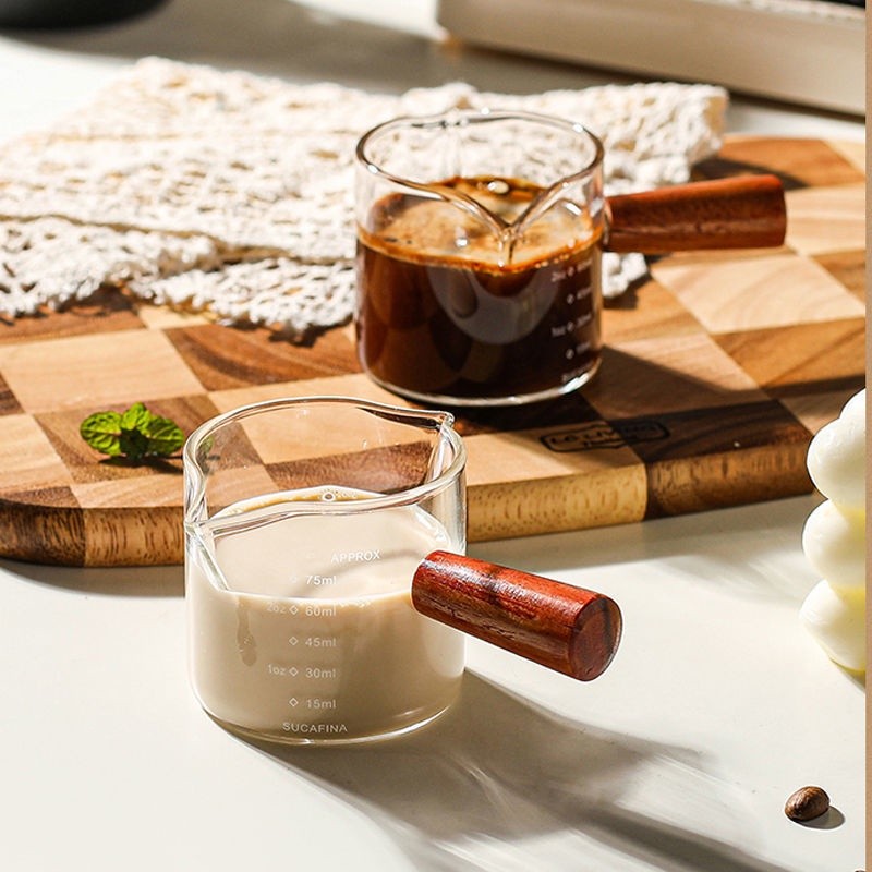 1/5PCS Mouth Measuring Bottle Cup Borosilicate Glass Coffee Milk Tea Pot Wooden Small Handle LE ...