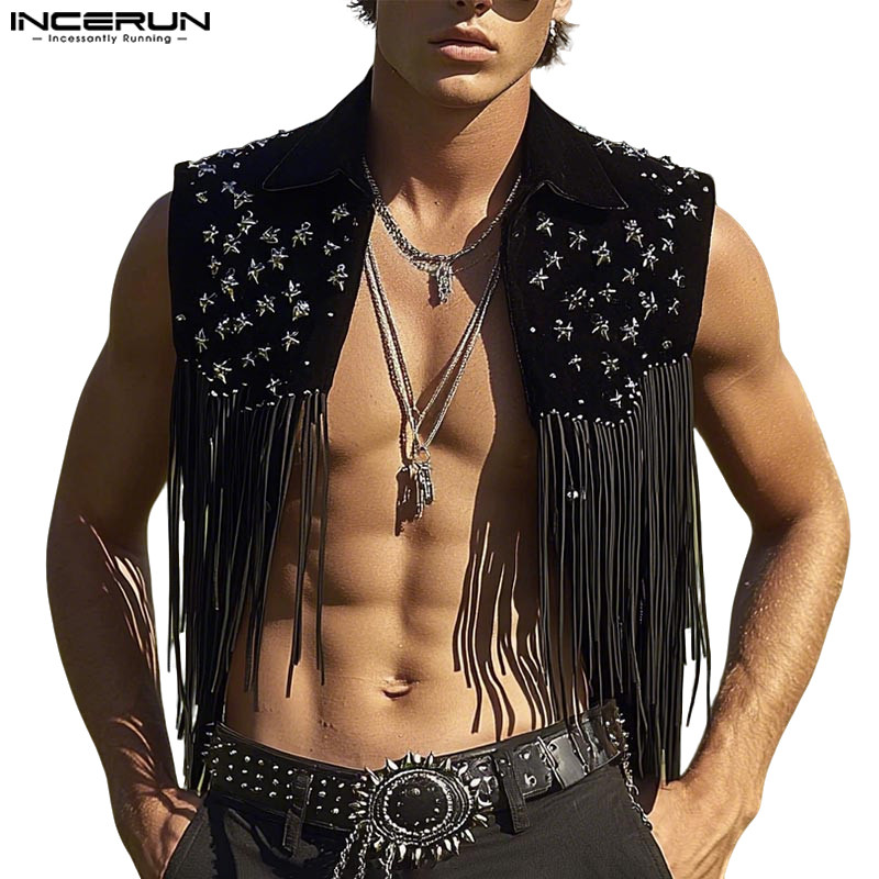 INCERUN Men Vintage Punk Rock Style Lapel Willow Patchwork Fringe ...