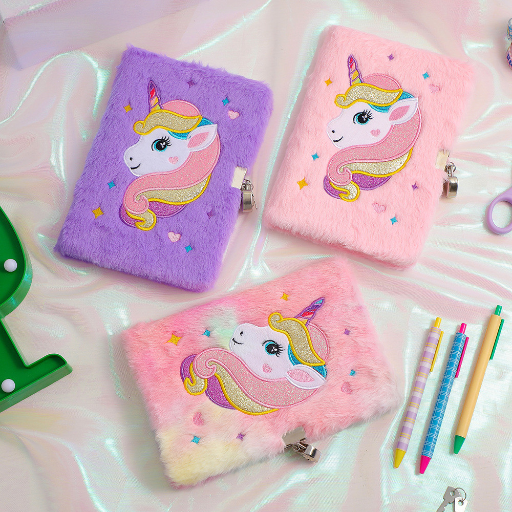 Unicorn Notebook with lock Rainbow Pink Blue Purple Fluffy A5 Diary ...