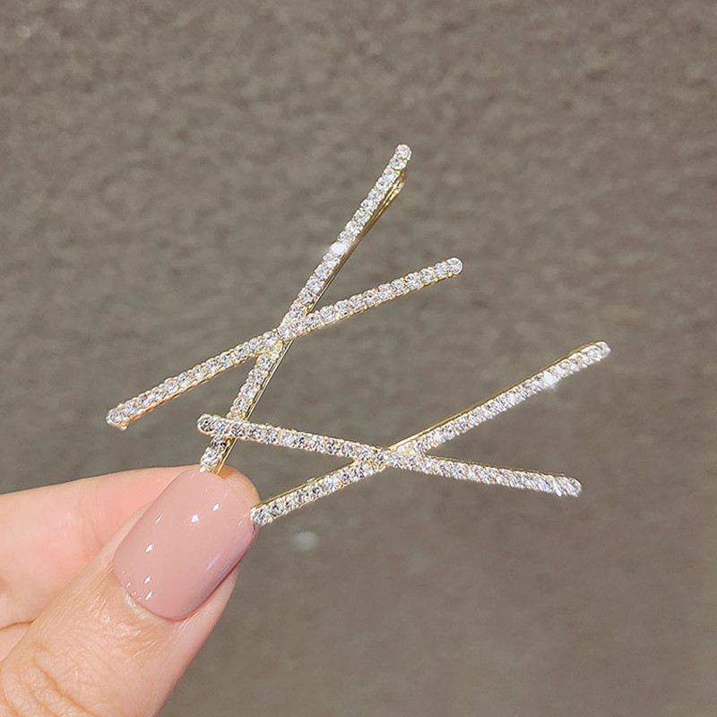 Elegant Temperament Hairpin Simple Cross Rhinestone Bangs Side Girl Top ...