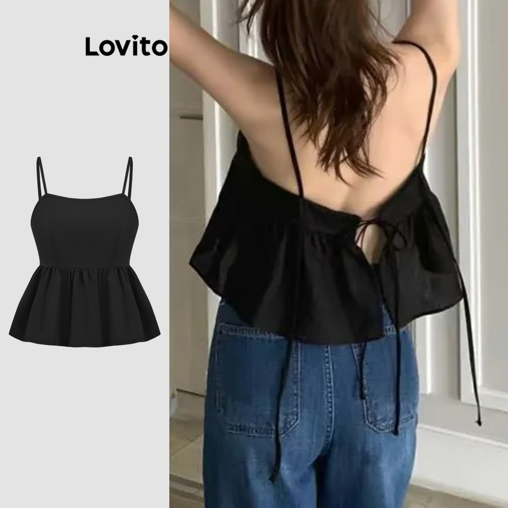 Lovito Women Elegant Tank Top Plain Backless Tie Back Tank Top ...