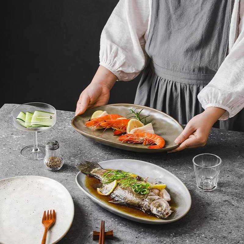 Kitchen Plus Japanese Ceramic Oval Fish Plate Home Sashimi Tray and BBQ ...
