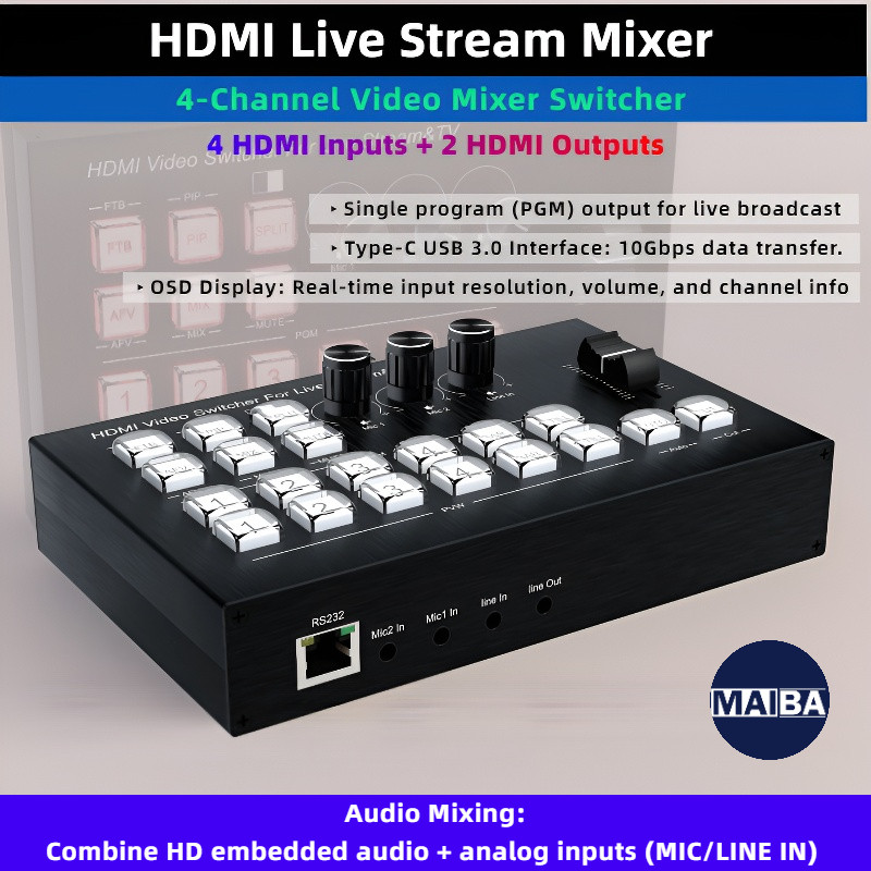 4-Channel Pro HDMI Live Stream Video Audio Mixer Switcher 1080P 60Hz ...