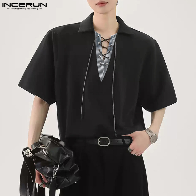 INCERUN Men's Lace Splicing Texture Collar Top POLO Shirts | Shopee ...