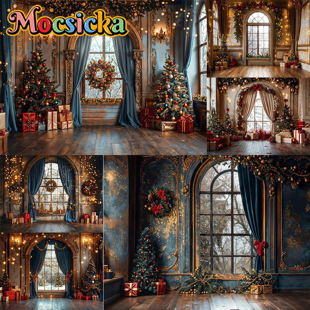 Mocsicka Photography Background Christmas Room Tree Window Garland ...