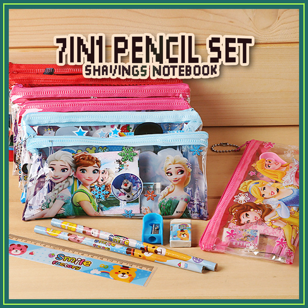 7In1 Cartoon School Set Cute Stationery Set pencil Ruler eraser Kids ...