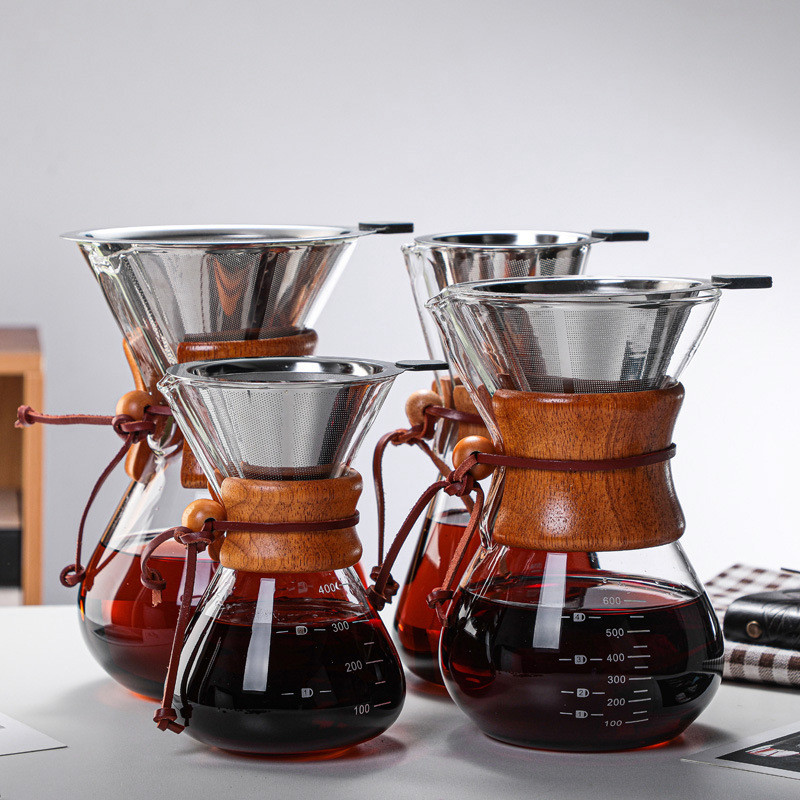 Pour-over Coffee Pot Drip Style Retro Set Thickened Bamboo Glass Coffee ...