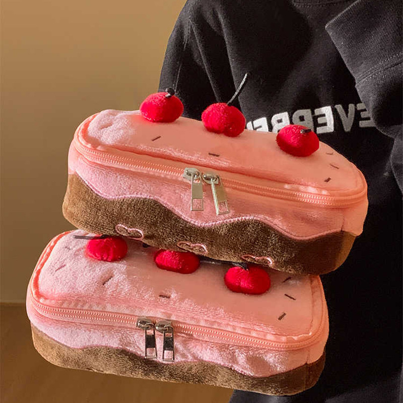 Creative Cherry Cake Plush Pencil Case Cute Large Capacity Storage Flip ...