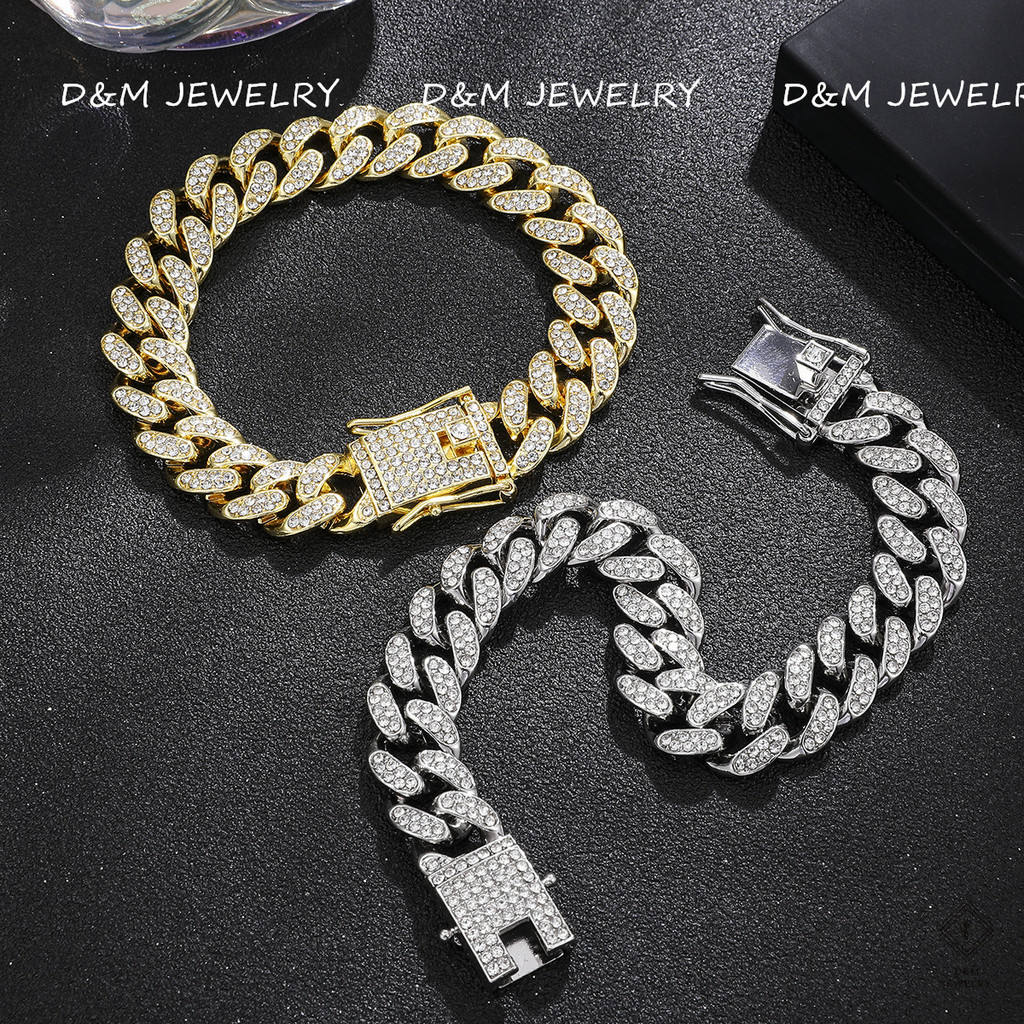 Width Cuban Bracelet Luxury Shiny Inlaid Rhinestone Link Chain Diamond ...