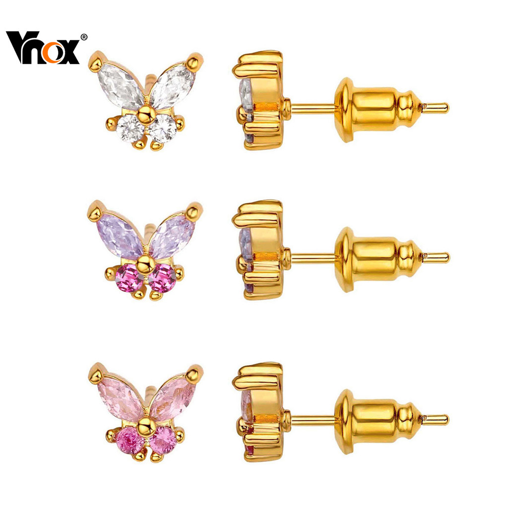 Vnox White Pink Cubic Zirconia Butterfly Stud Earring,18K Gold Plated Cute Small Dangle Drop ...