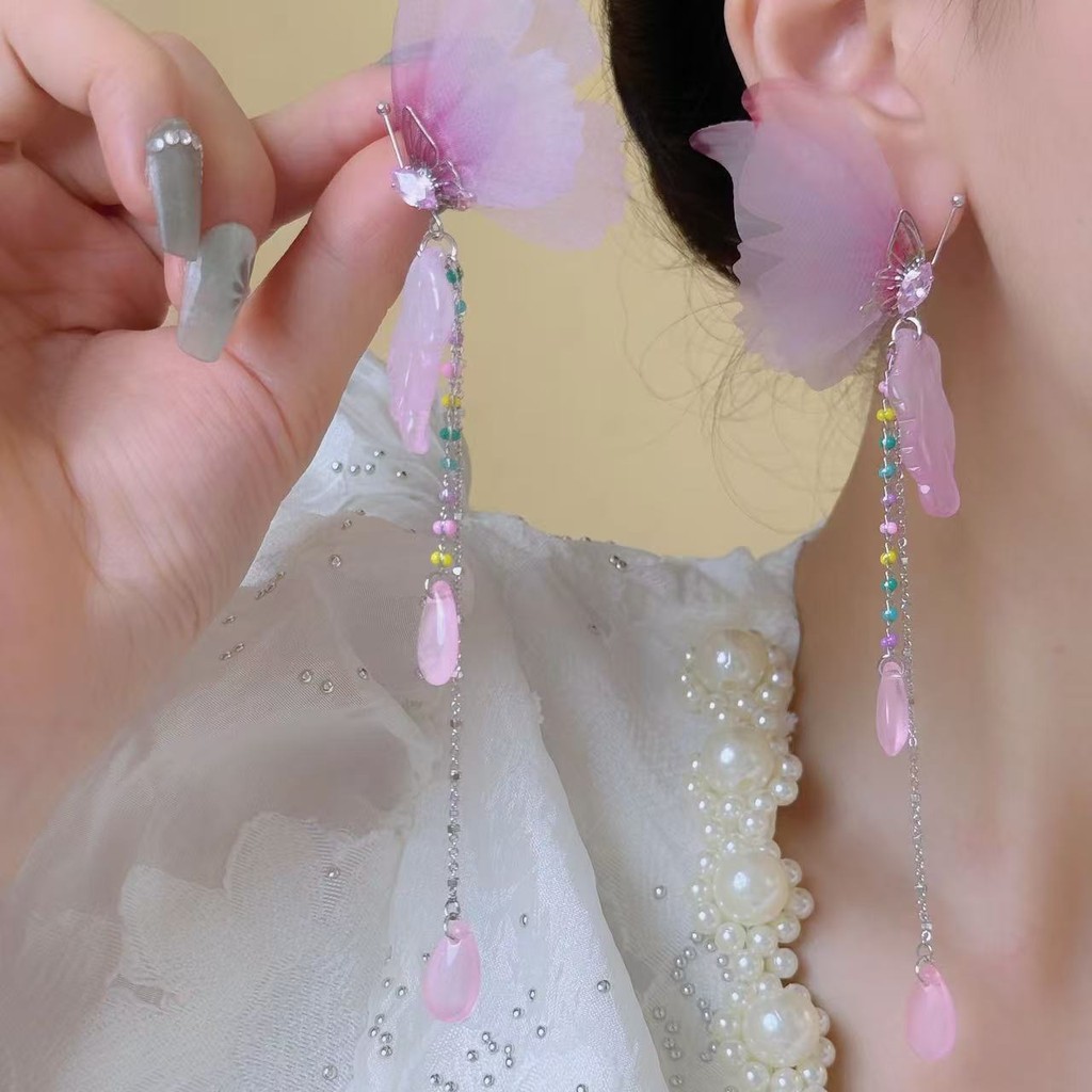 Butterfly Crystal Pink Butterfly Yarn Wings Oil Drip Tassel Earrings ...