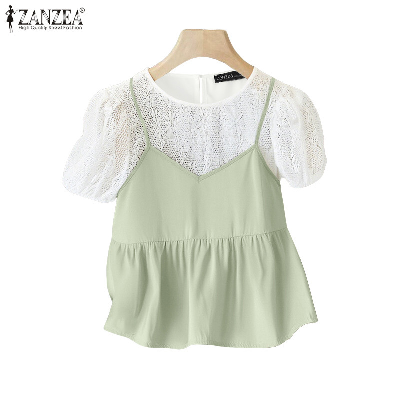 ZANZEA Women Korean Stylish Crew Neck Puff Sleeves Contrast Patchwork ...