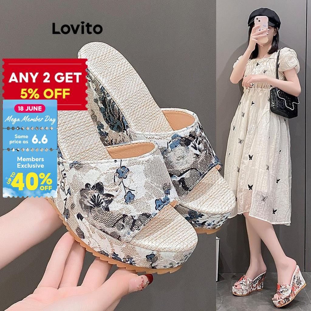 Lovito Women Elegant Heels Plain Tropical Flowers Wedge Exotic Style ...