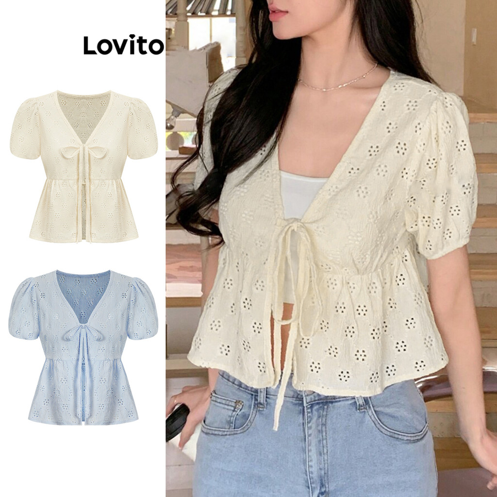 Lovito Women Cute Blouse Plain Ruffle Hem Lace Up Bow Blouse L88AD175 ...