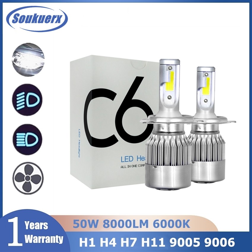 C6 Led Headlight Bulbs H4 Hi-Lo Beam Car Lights H1 H3 H7 H11 50W 8000LM ...