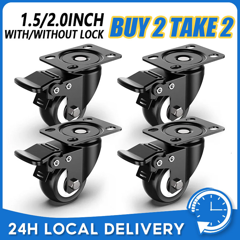 4PCS Swivel Caster Wheels Black Mute Rubber Casters Fixed/Rotate (With ...