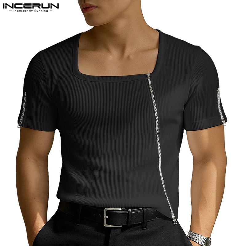 INCERUN Men's Knitted Zipper Design Square Collar T-shirt | Shopee ...